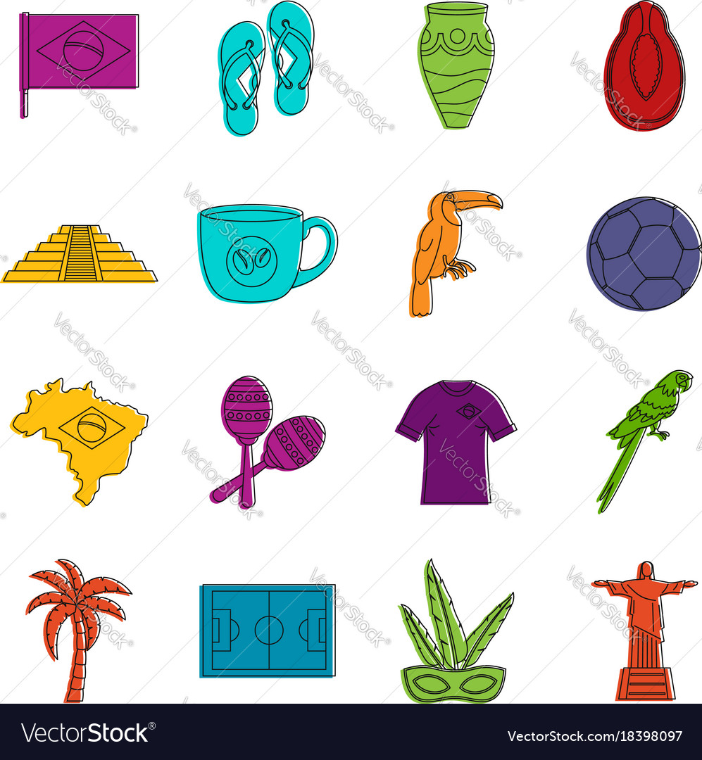 Brazil travel symbols icons doodle set Royalty Free Vector