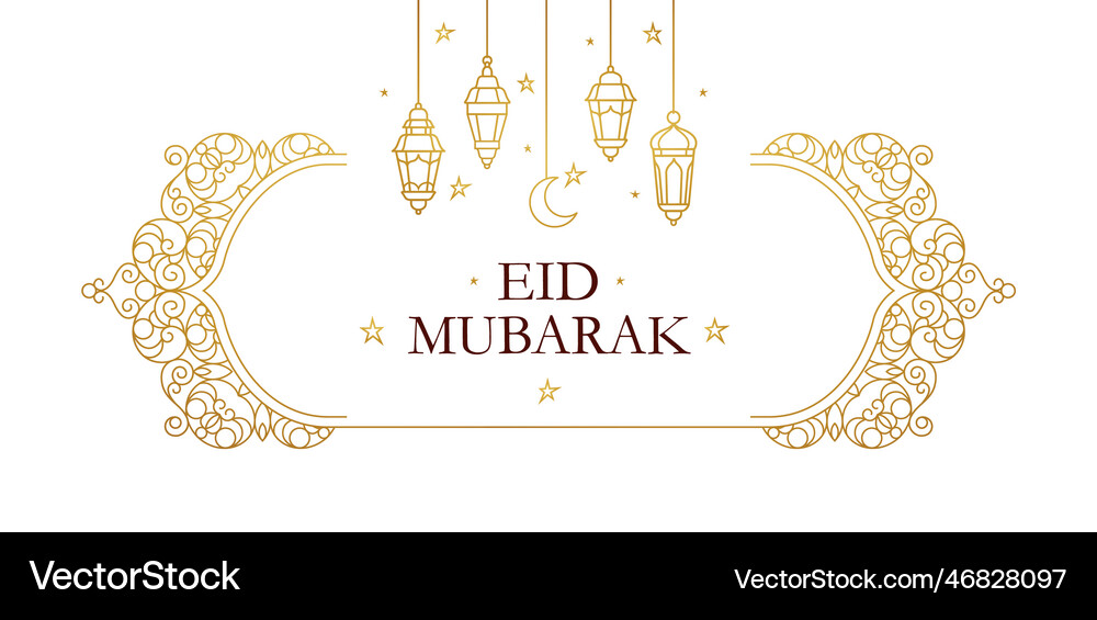 Golden outline eid mubarak card Royalty Free Vector Image