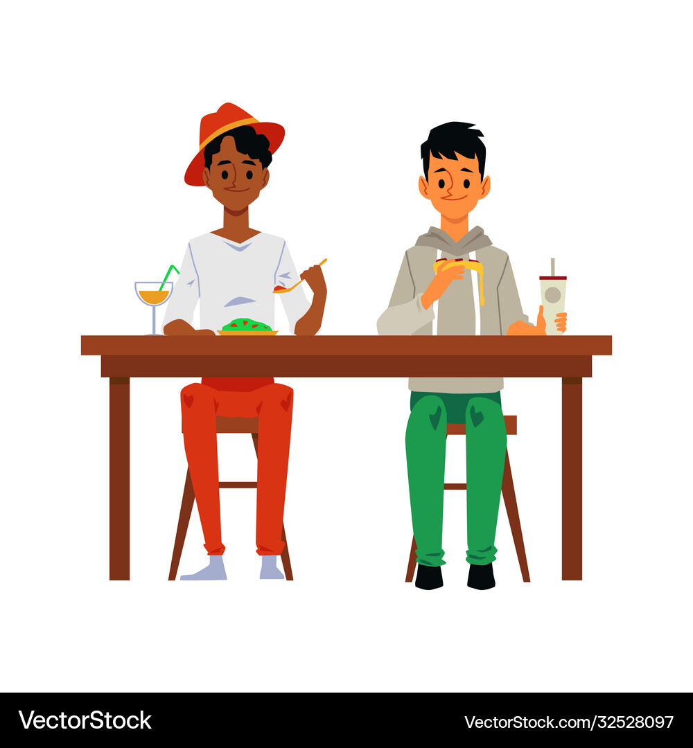 Two people eating foot together at table Vector Image