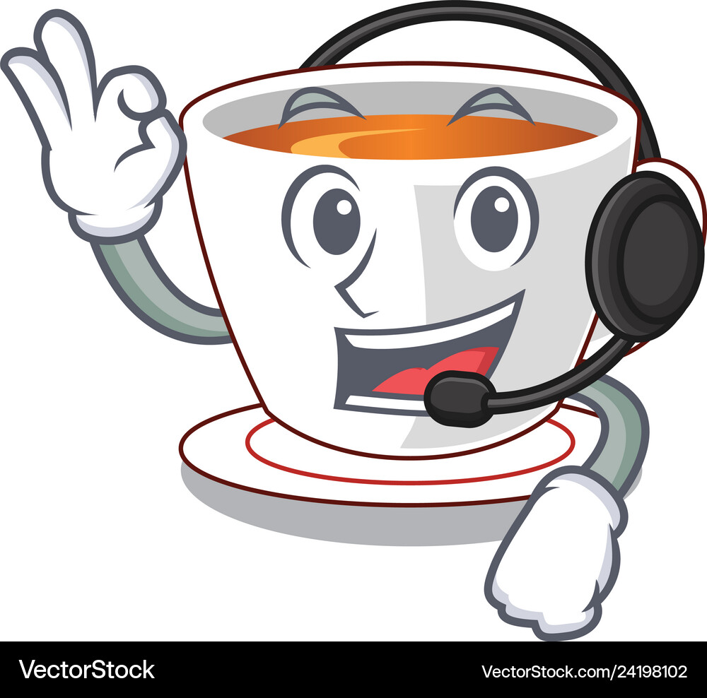 With headphone mint tea in a cartoon cup Vector Image