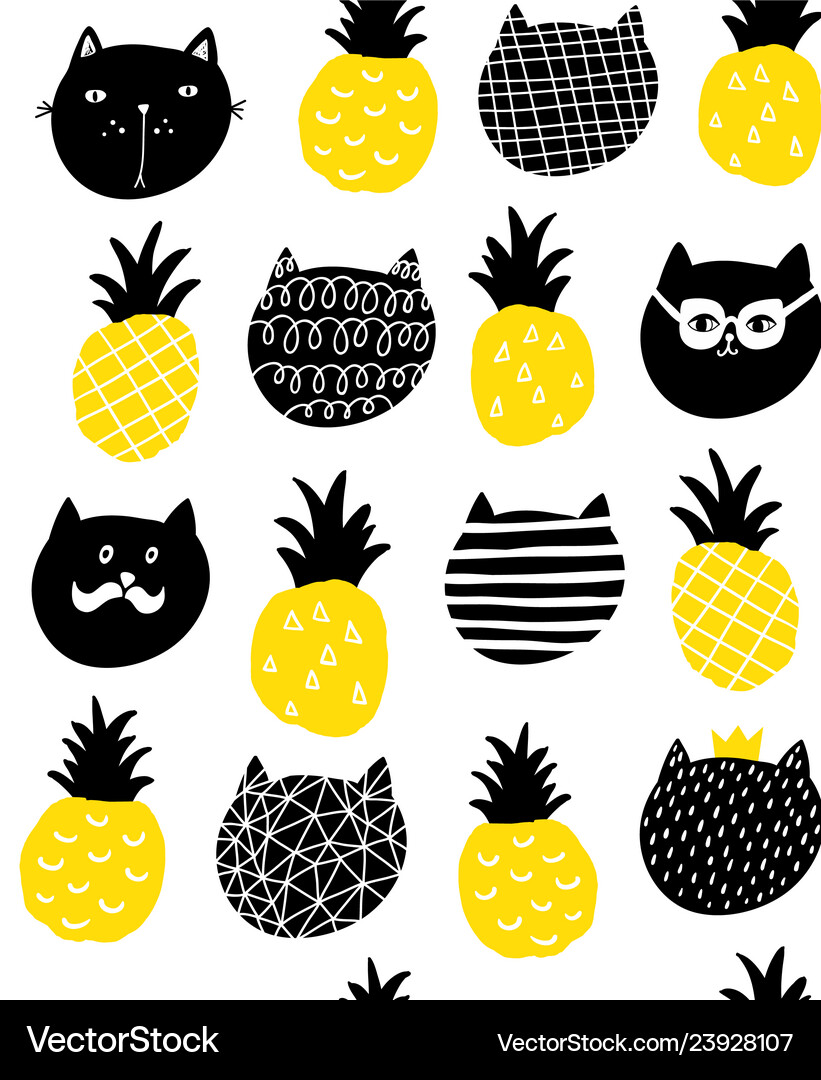 Cute Pineapple & Cat Pattern Royalty Free Vector Image