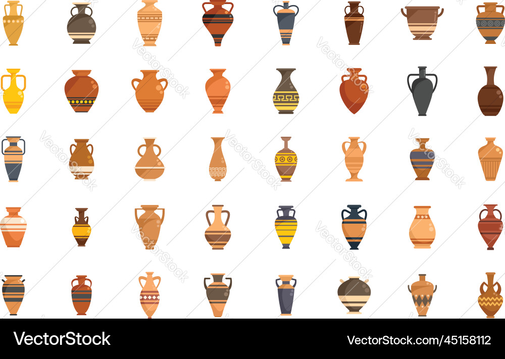 Amphora icons set flat vase pottery Royalty Free Vector