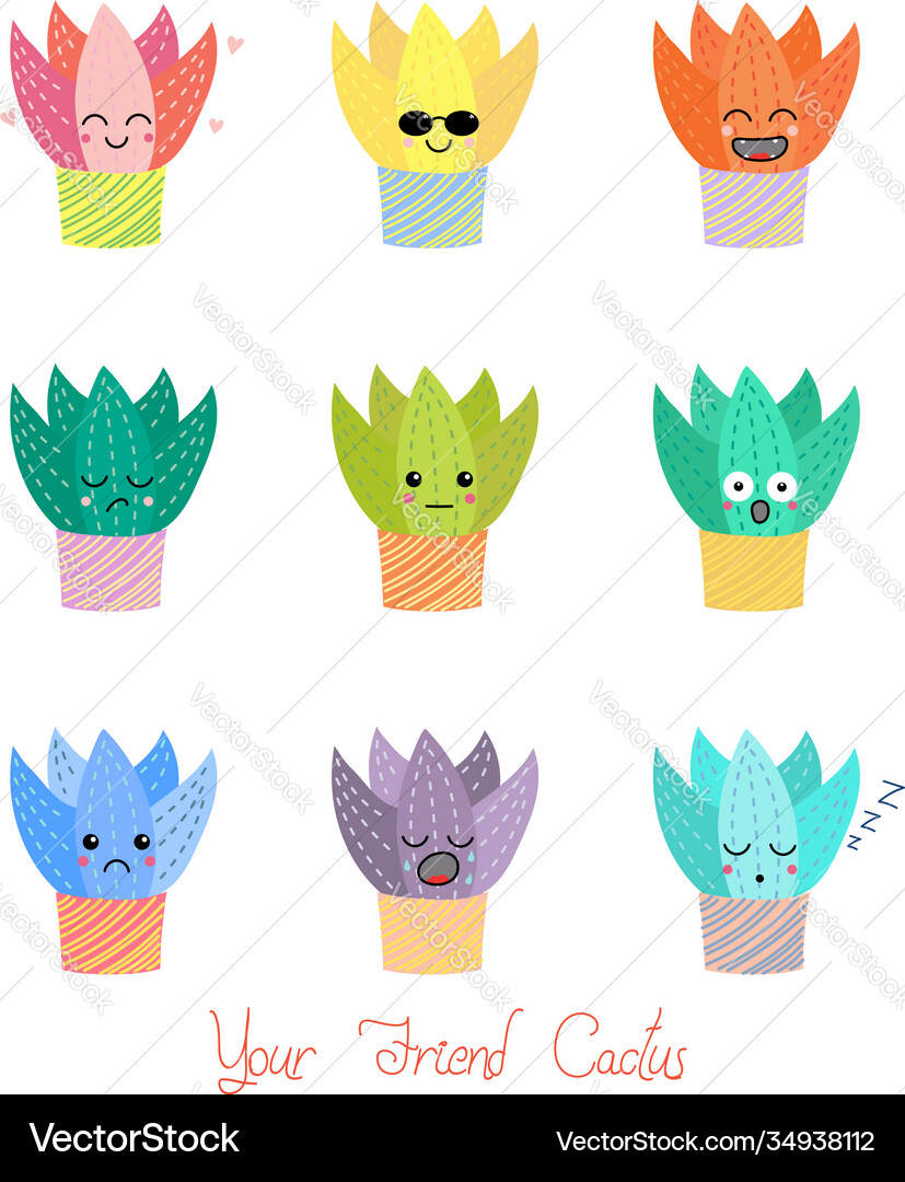 Cute cacti with different faces Royalty Free Vector Image