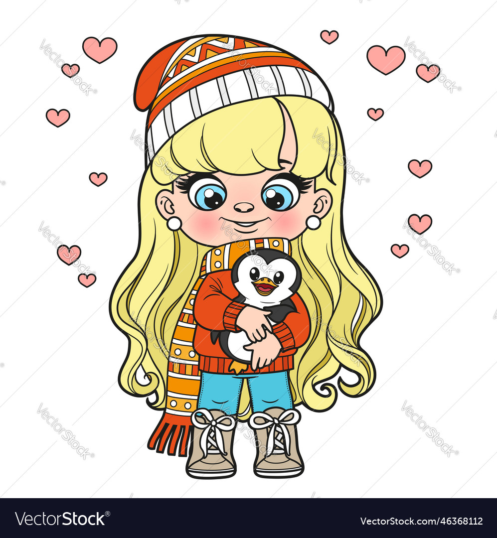 Cute Cartoon Long Haired Girl With Toy Penguin Vector Image