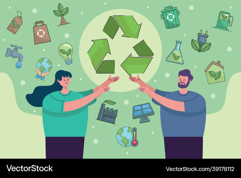 Ecologists couple and icons Royalty Free Vector Image