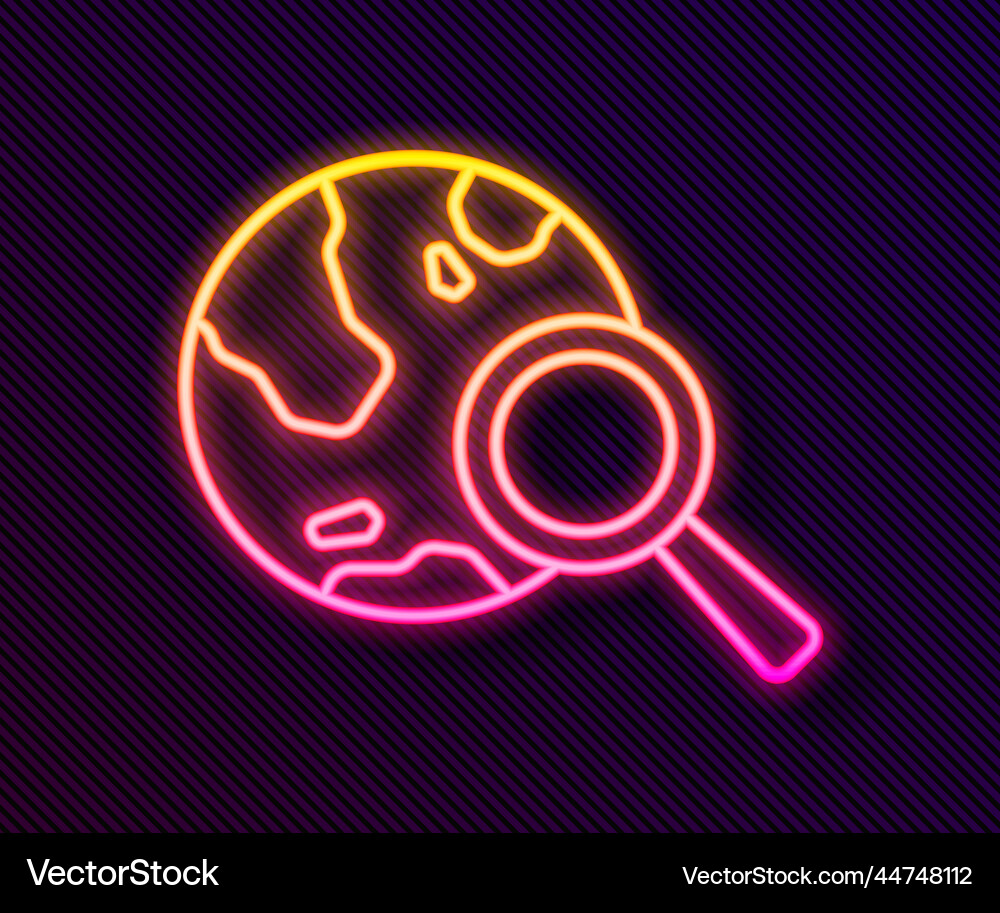 Glowing neon line magnifying glass with globe icon