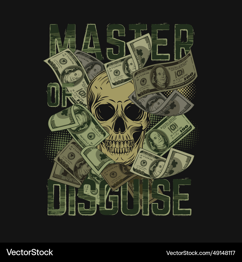 Camo label with skull among 100 dollar bills Vector Image