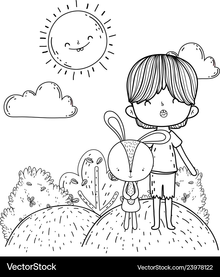 Little rabbit with boy in the landscape Royalty Free Vector
