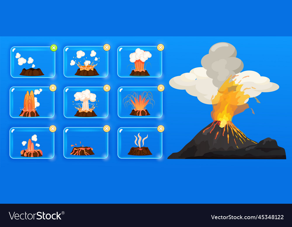 Volcanic eruption stages set steaming volcano Vector Image