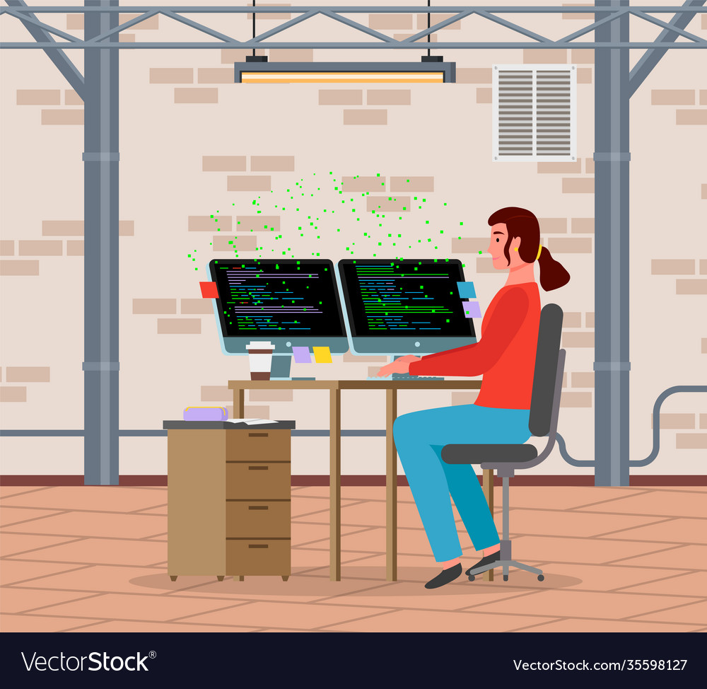 A young woman sitting at table writing code Vector Image