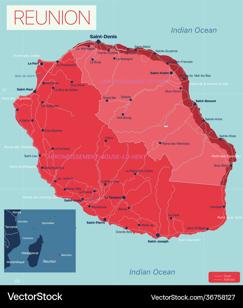 Reunion island detailed editable map Royalty Free Vector