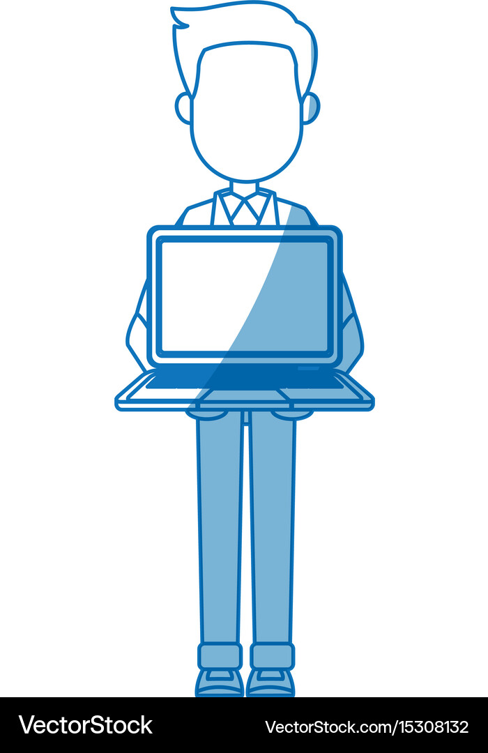 Cartoon man standing holding laptop front view Vector Image