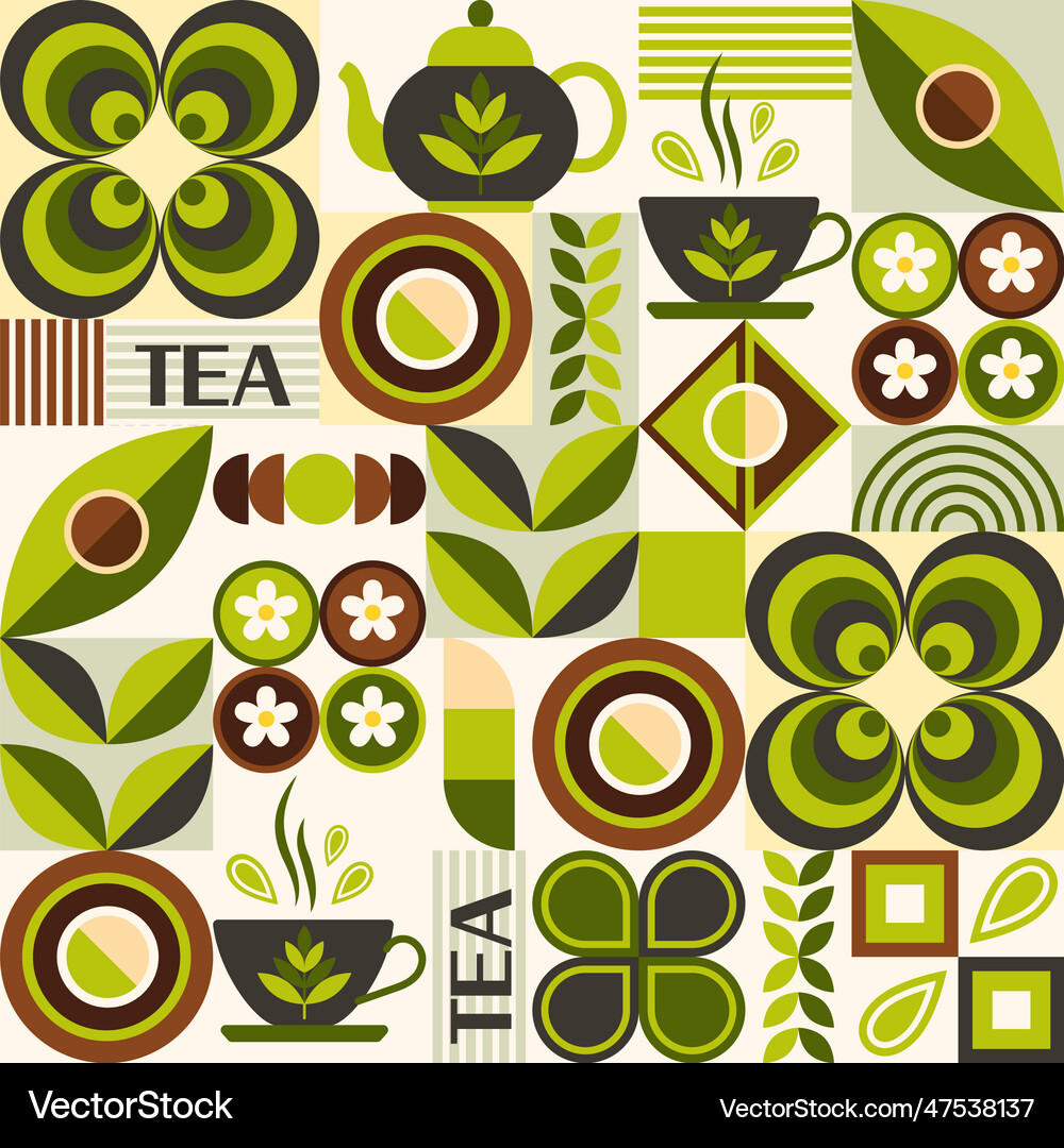 Tea themed pattern with icons in geometric style Vector Image