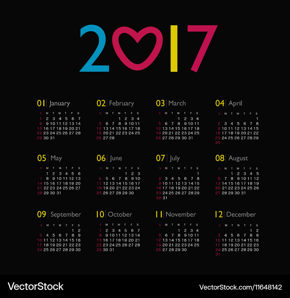 Calendar 2017 year week starts sunday Royalty Free Vector