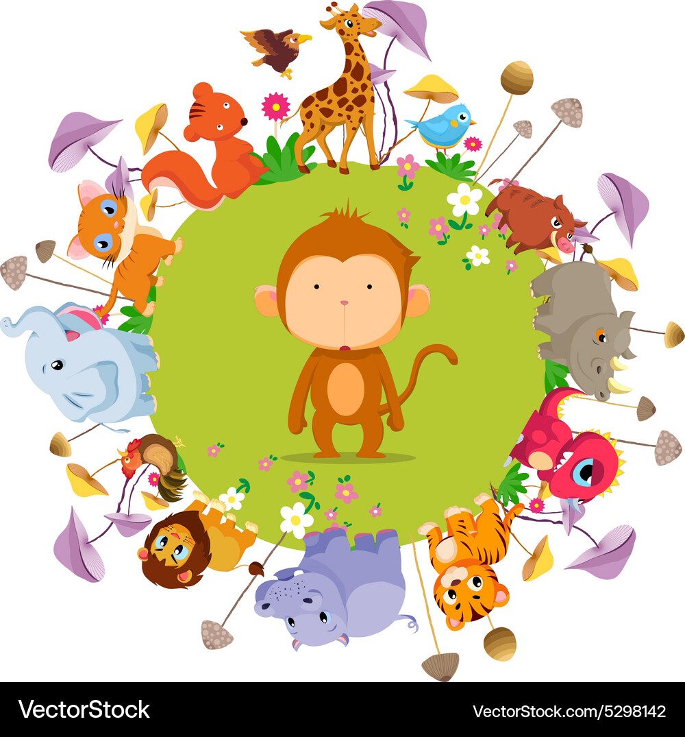 Funny animals on the ground round background Vector Image