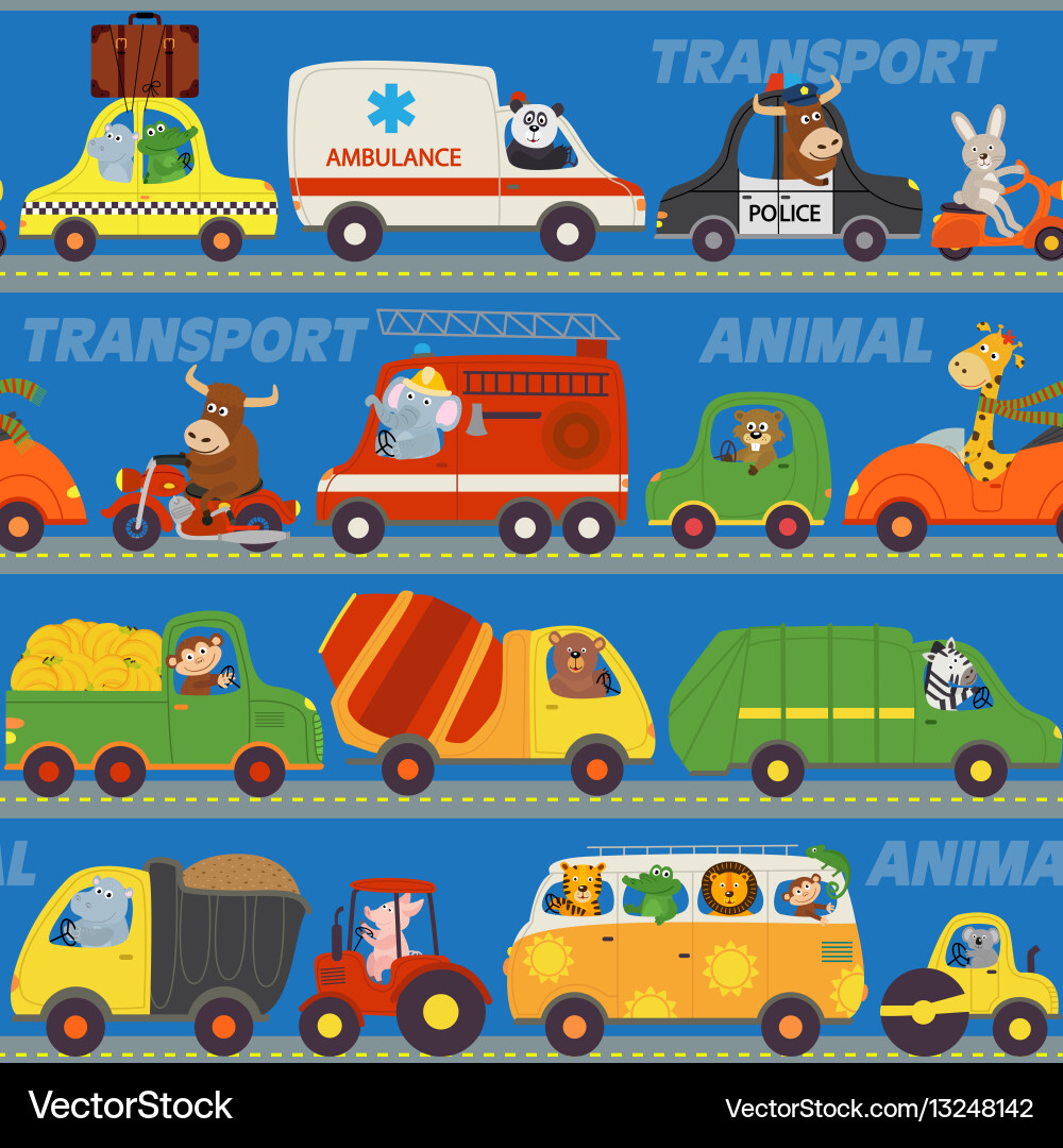 Seamless pattern transports with animals on road Vector Image