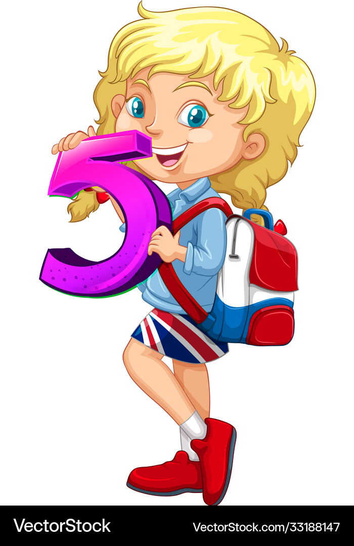 Asian girl holding math number five Royalty Free Vector