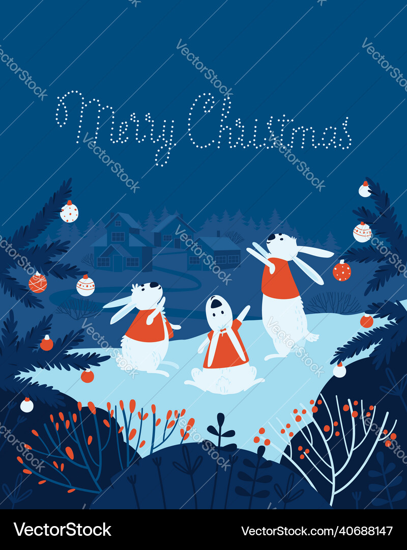 Christmas card with cute rabbits watching drone Vector Image