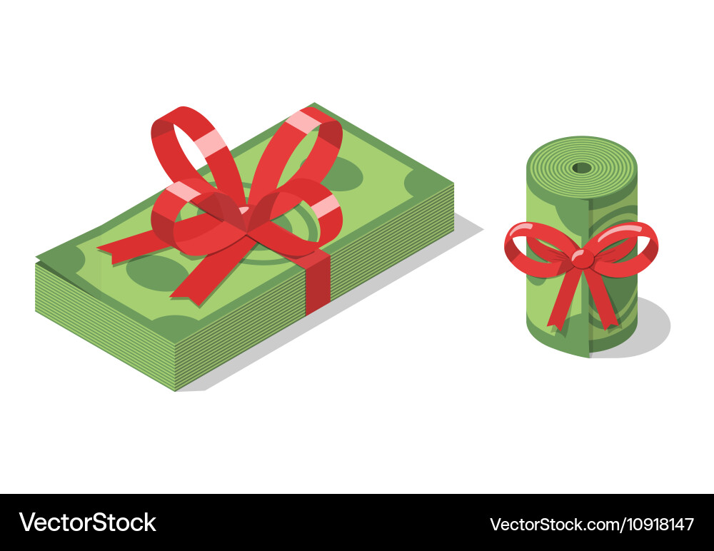 Stack and roll of banknotes tied with ribbon bow Vector Image