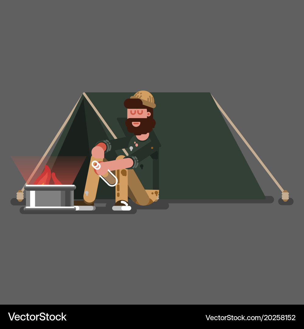 Homeless warms himself near tent Royalty Free Vector Image