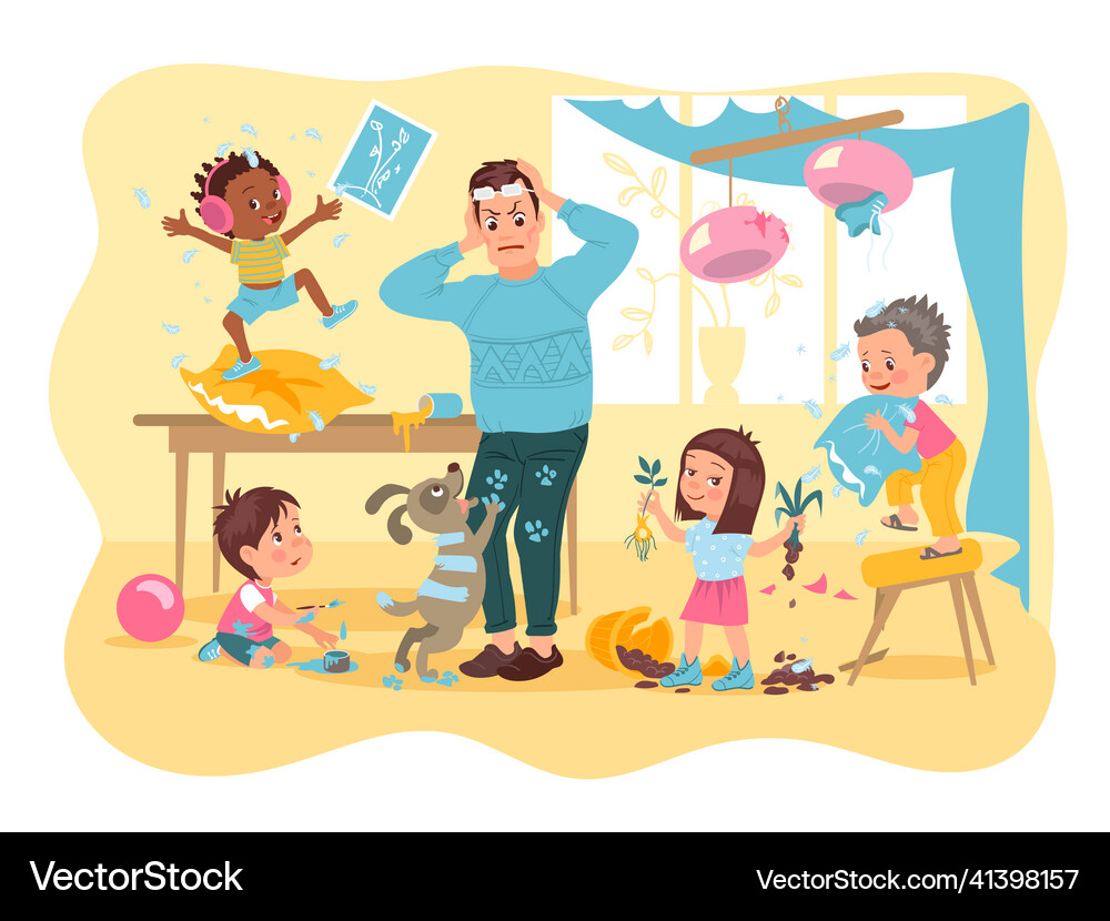 Angry stressed dad with naughty kids destructive Vector Image