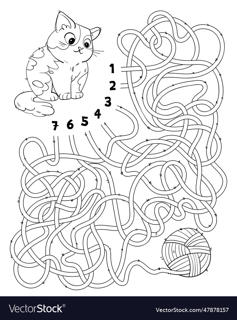 Help cat find the right thread that leads Vector Image