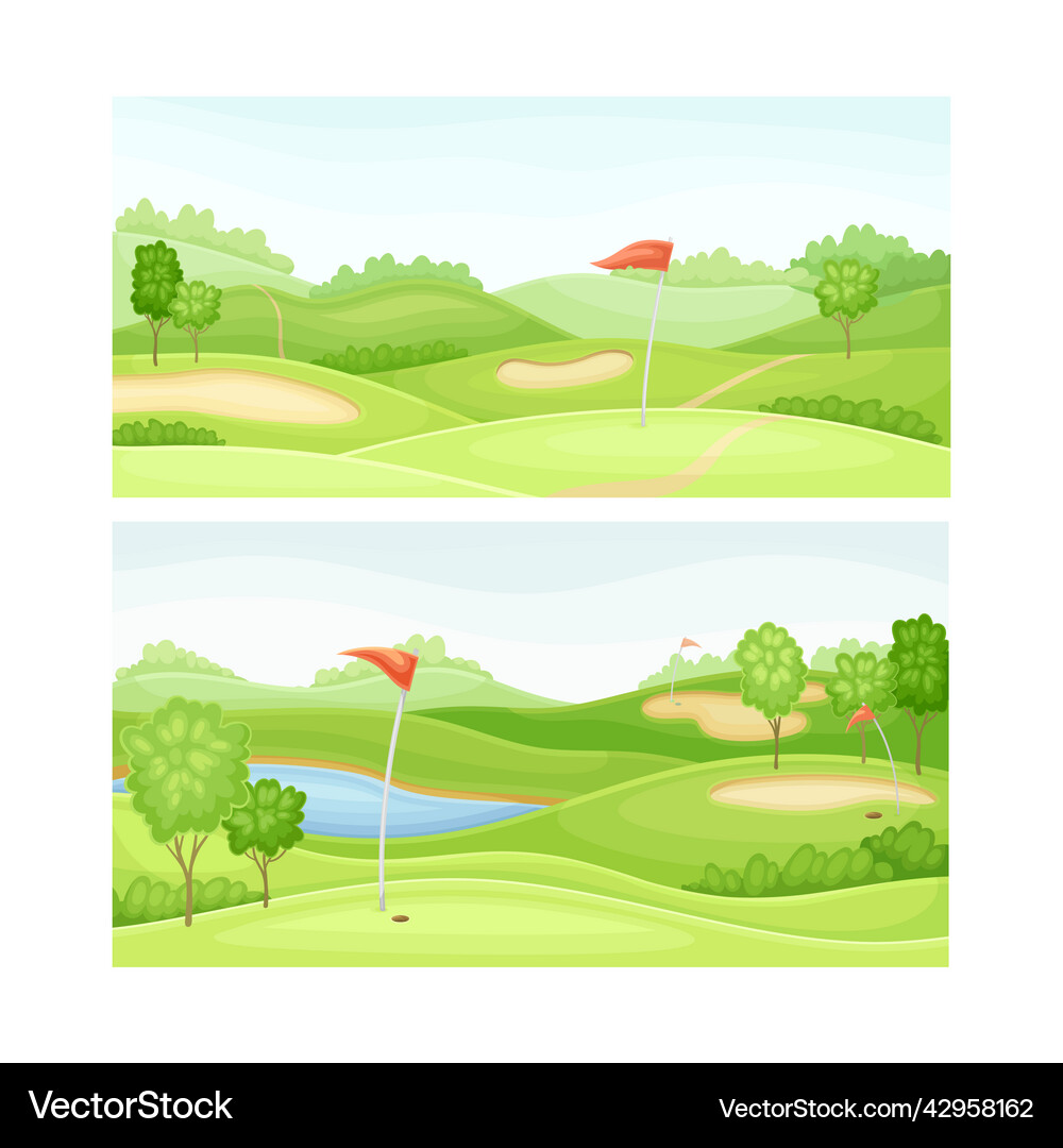 Golf course set green field pond sand bunker Vector Image