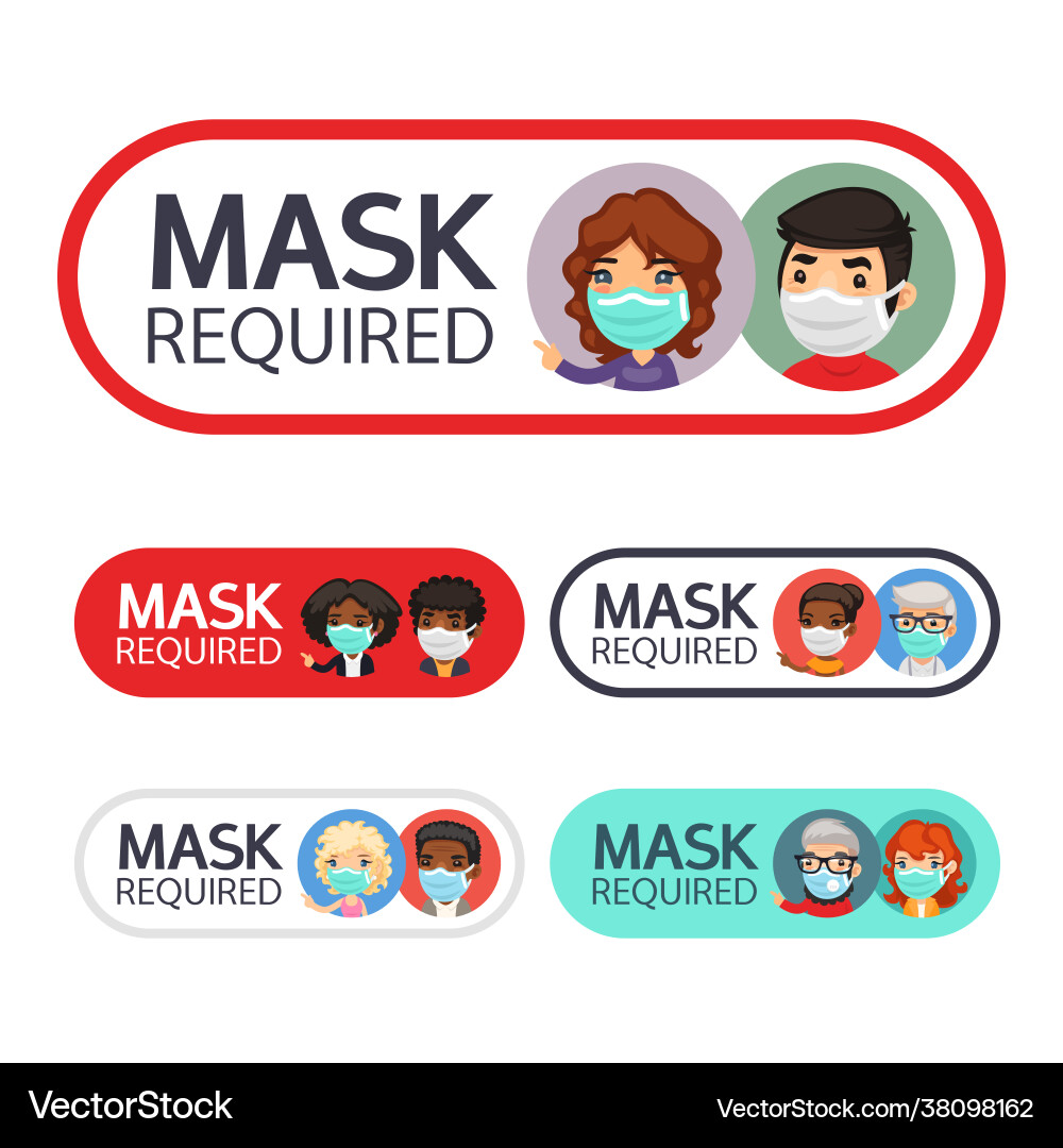 Mask required signs set with people Royalty Free Vector
