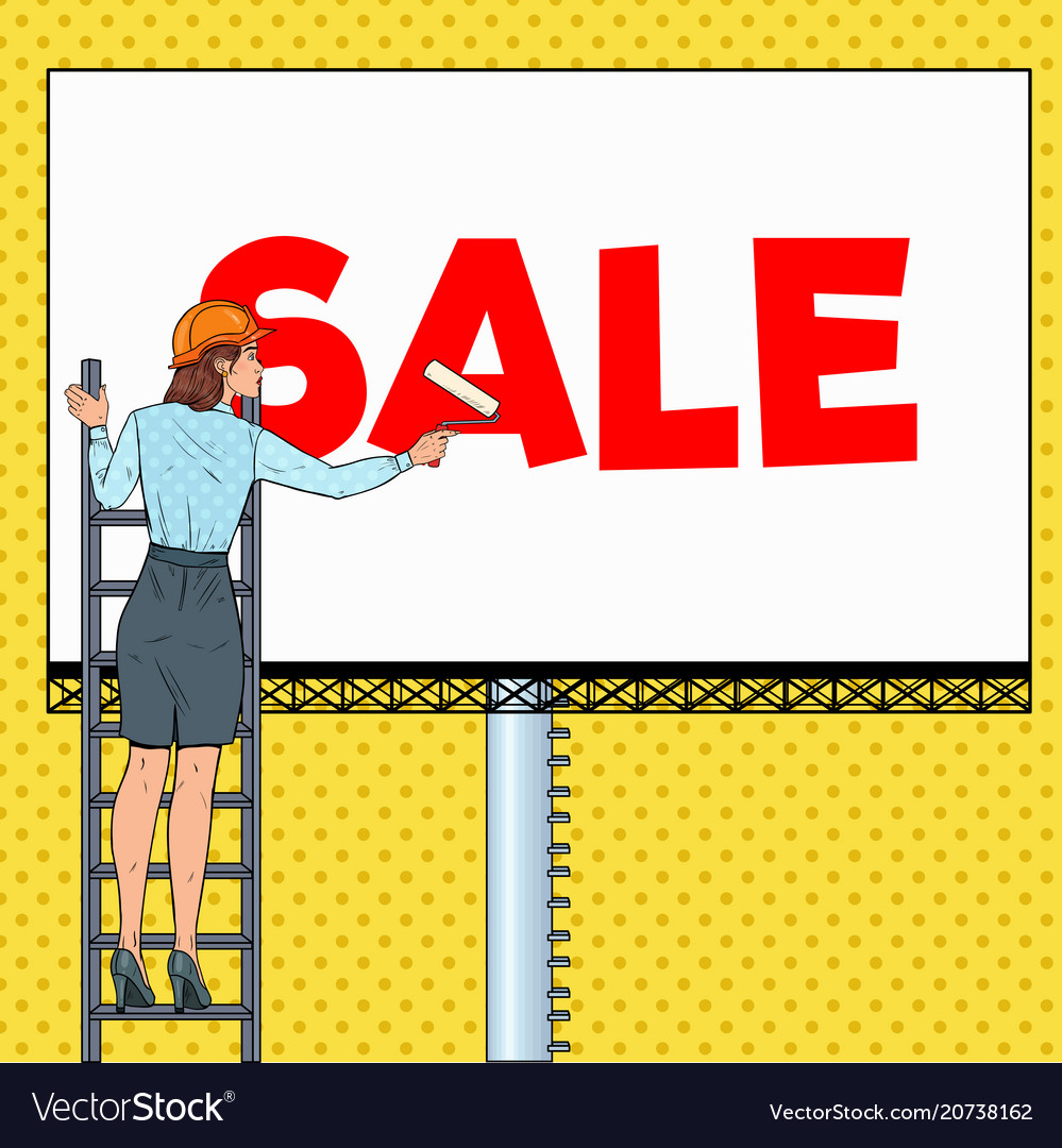 Pop Art Business Woman In Helmet With Billboard Vector Image
