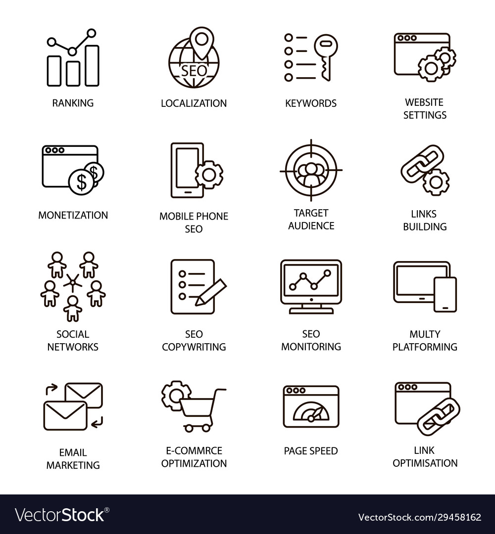 Seo line icons set optimization Royalty Free Vector Image