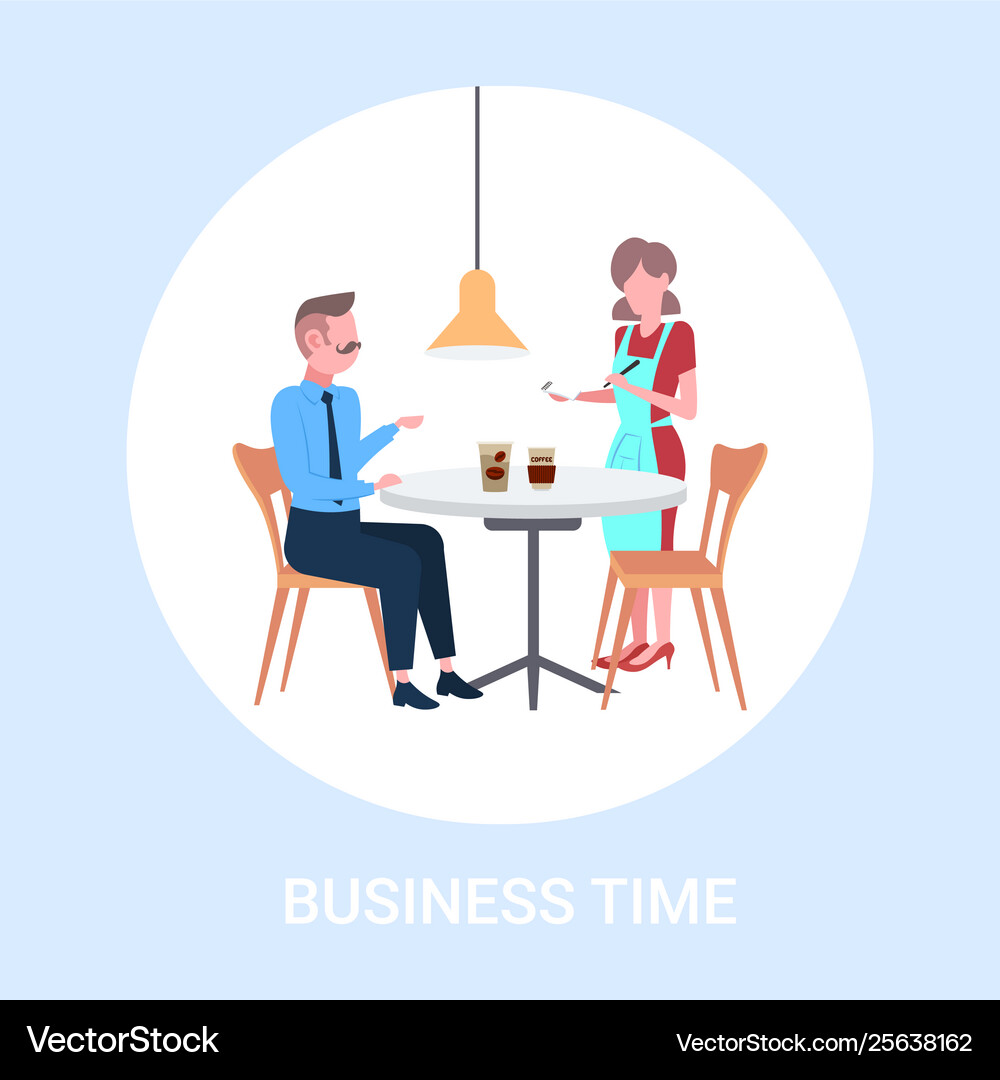 Waitress taking order from businessman visitor Vector Image