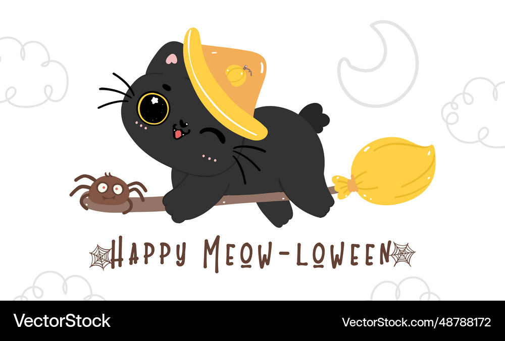 Cute witch black cat riding a flying broomstick Vector Image