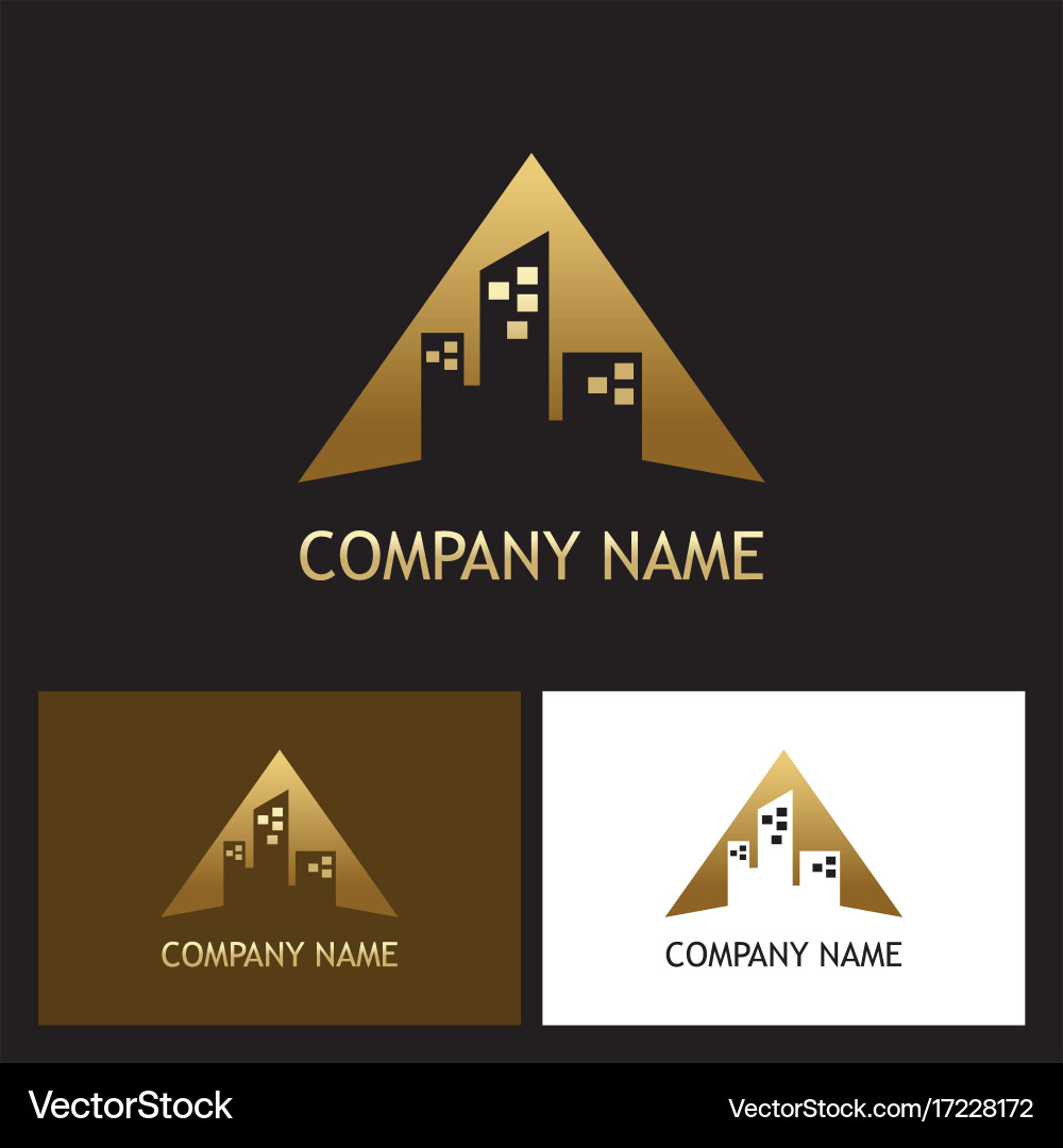 Gold building triangle company logo Royalty Free Vector