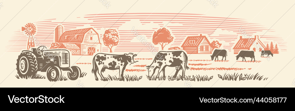 Ranch with tractor and cows countryside line Vector Image