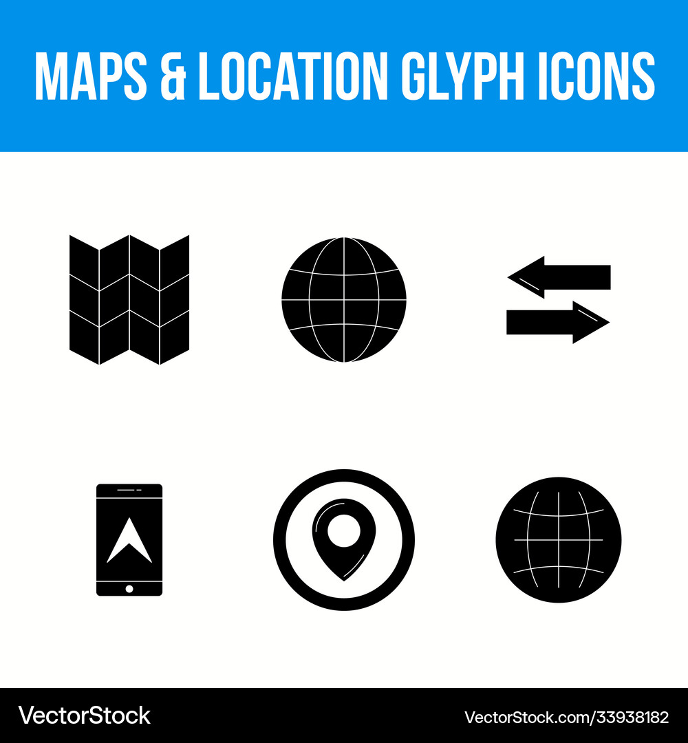 Unique set maps location 6 glyph icons Royalty Free Vector