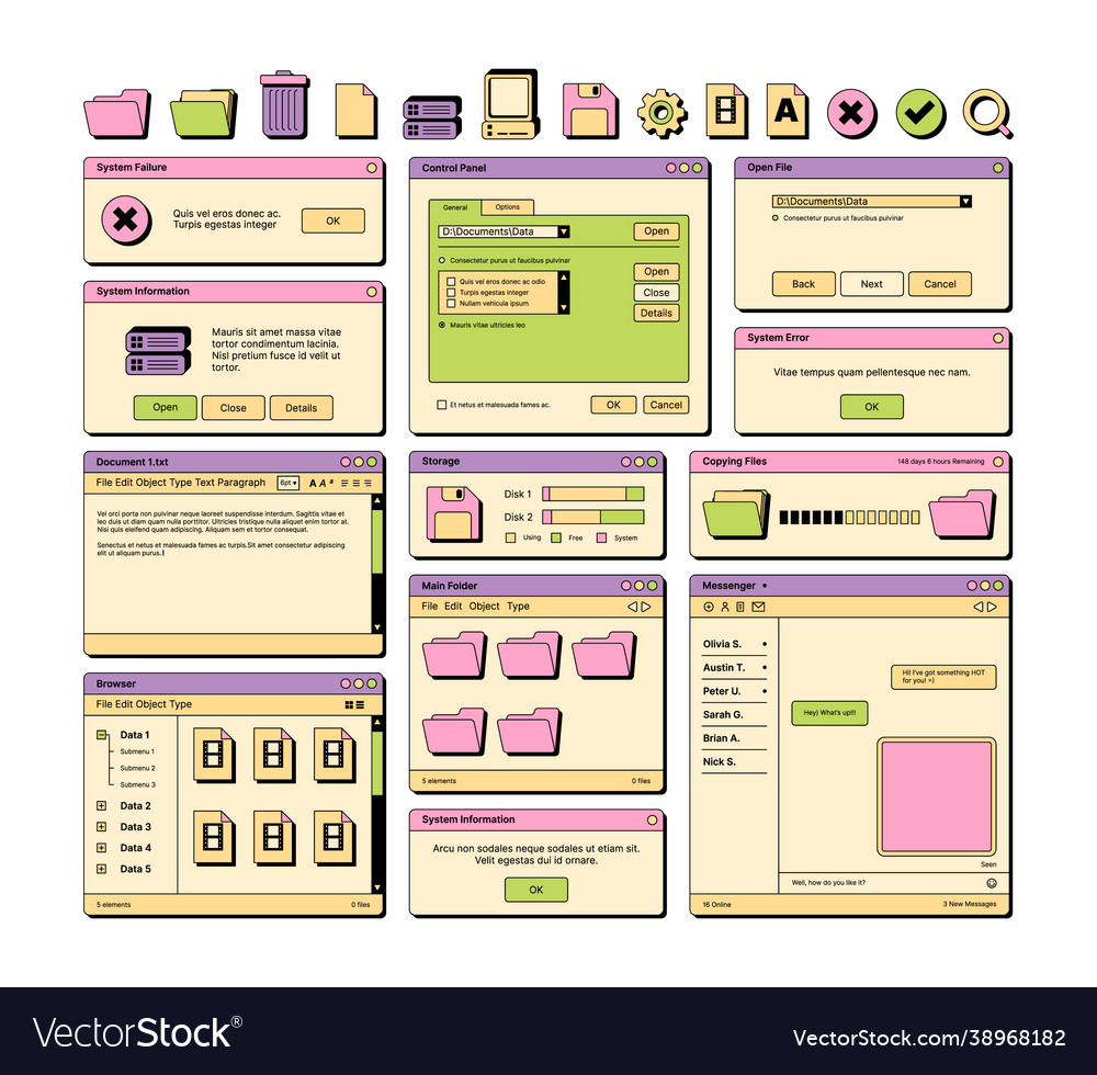 Web ui 90s layout screen elements frame pages Vector Image