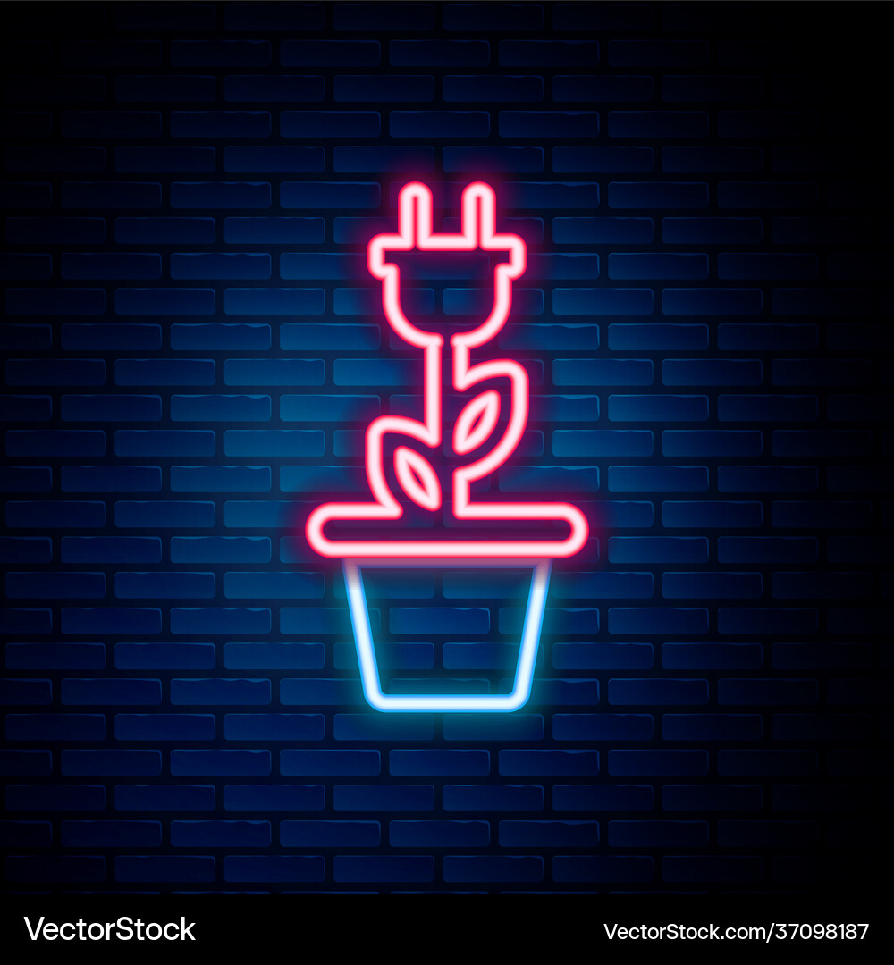 Glowing neon line electric saving plug in pot icon