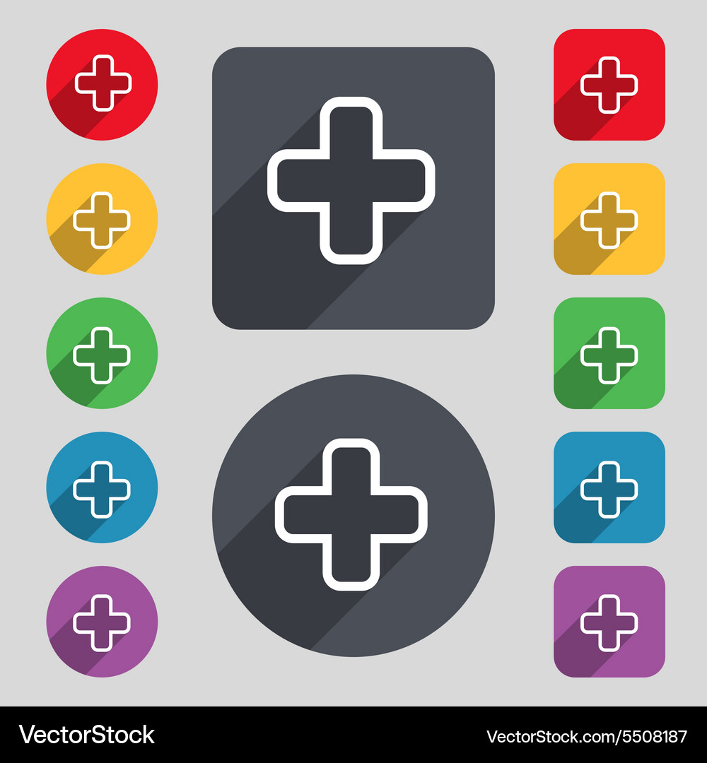 Plus icon sign a set 12 colored buttons and a Vector Image