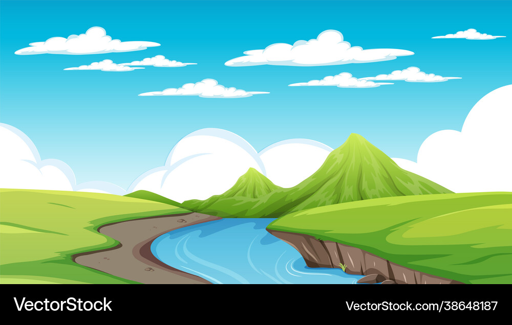 River flowing through meadow landscape scene Vector Image