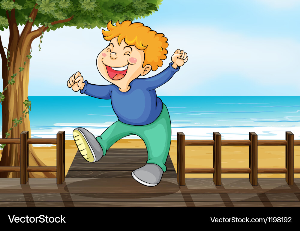 A very happy boy at the bridge Royalty Free Vector Image