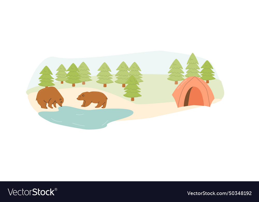 Camping travel in nature with bear near the lace Vector Image