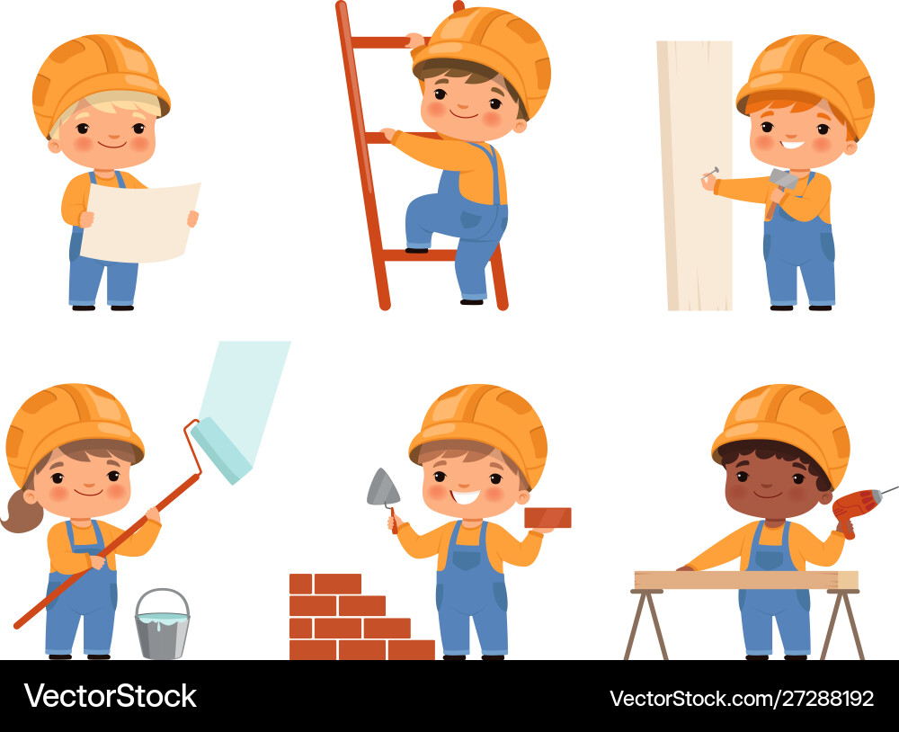 Little builders kids construction children Vector Image