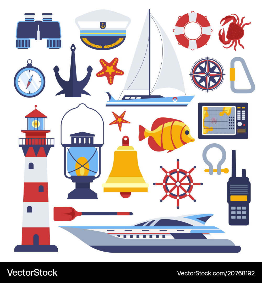 Marine and nautical flat icons Royalty Free Vector Image