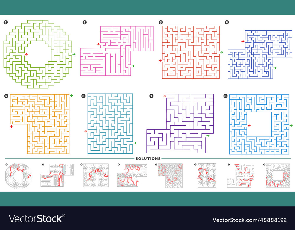 Maze puzzle activities graphs set with solutions Vector Image