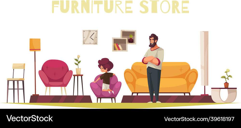 Furniture store cartoon composition Royalty Free Vector