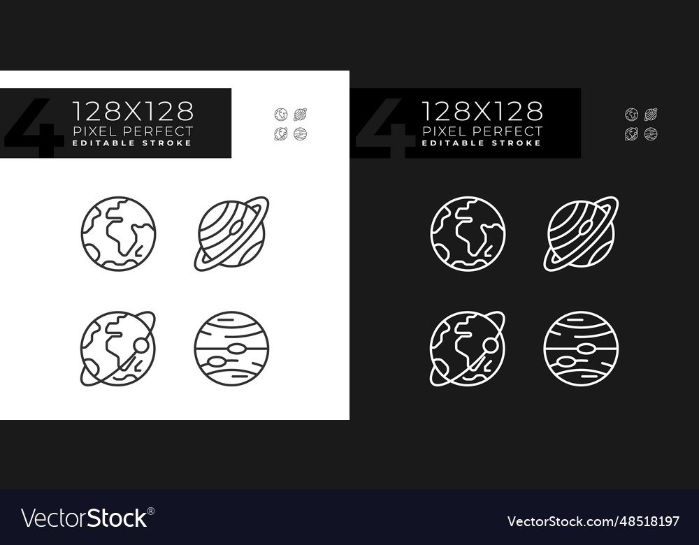 Planets pixel perfect linear icons set for dark Vector Image