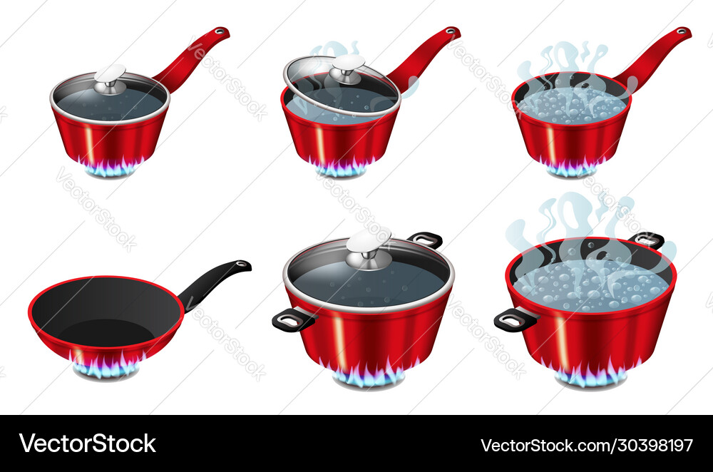 Set red pans with boiling water opened and Vector Image