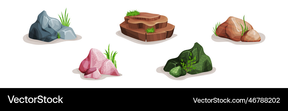 Rocks and stones with green grass set Royalty Free Vector