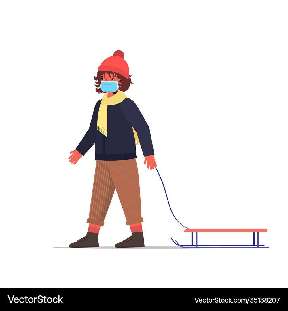 Child in mask standing with sledge little boy Vector Image