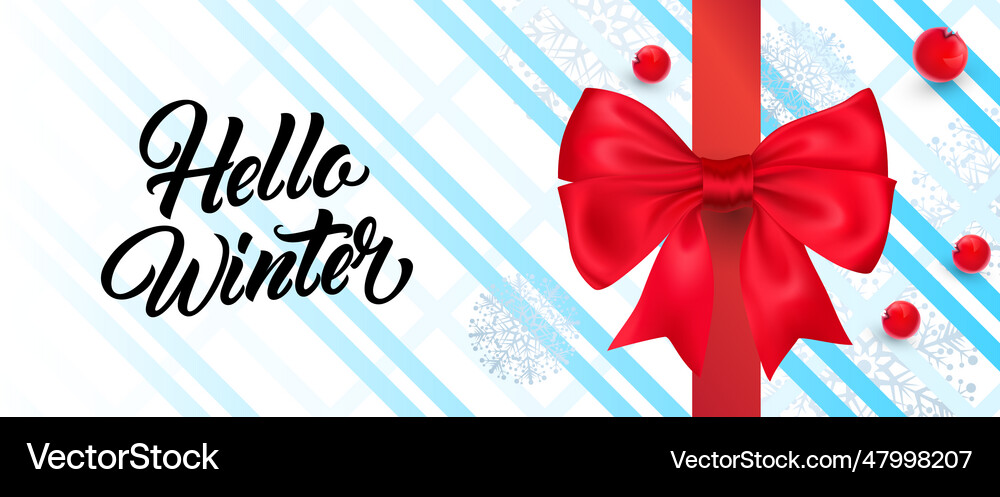 Hello winter poster design with red ribbon Vector Image